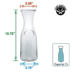 Glass Carafe Pitcher 1 LITER Clear ZERO LEAD For Water, Wine, Milk, Juice, Mimosa Bar With ZERO BPA Easy snap on Lids - 34 Ounces (PACK OF 3)