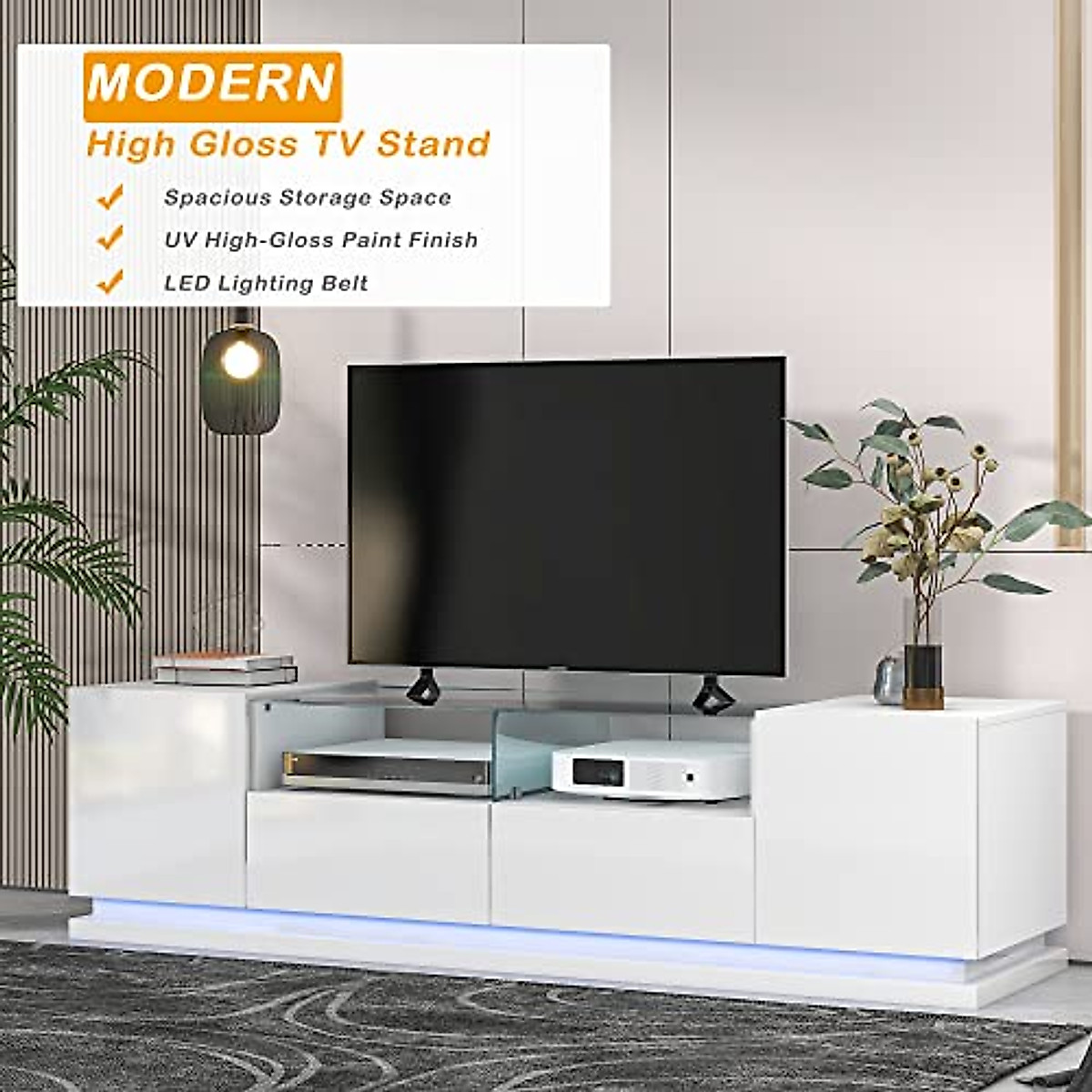 Harper & Bright Designs TV Stand with Tempered Glass, Modern High Gloss Entertainment Center for TVs Up to 70¡±, TV Cabinet with Storage and LED Color Changing Lights for Living Room, White