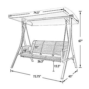 Iwicker Patio 3-Seater Porch Hammock Swing Chair Outdoor Swing Glider Bench with Stand, Textilene Mesh Sling Seats and Convertible Canopy (Brown)