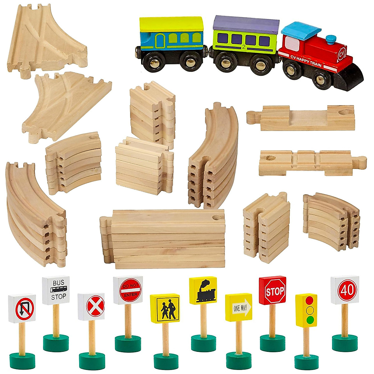 Dragon Drew Wooden Toy Train Tracks | 65 Piece | Tracks, Train, and Street Signs | Fits All Major Toy Brands