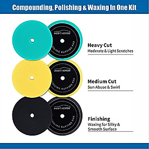 WEST HORSE 6 Inch Polishing Flat Pads for 5 Inch Backing Plate, 3Pcs Buffing Pads for Orbital DA Polisher Buffer, Foam Polish Pads for Car Body Compounding, Polishing and Waxing