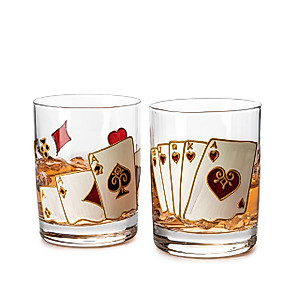 The Wine Savant Playing Cards Drinking Glasses - Artisanal Hand Painted Players Casino Set of 2 Water, Wine & Whiskey Glasses Crystal Glassware - Gift Idea for Him, Birthday, Housewarming - 12oz