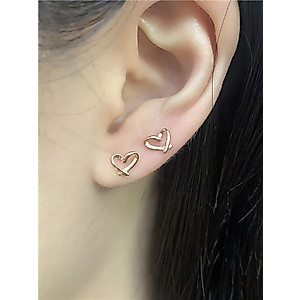 Minimalist Heart Sterling Silver Earrings for Women Girls Teens Charm Hollow Love Hearted Stud Tiny Small Cartilage Tragus Post Pin Hypoallergenic Pierced Ear Jewelry Birthday Mother's Day Gifts 14K Rose Gold