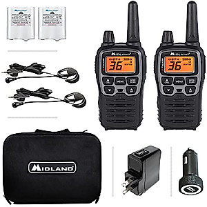 Midland - X-TALKER T77VP5, 36 Channel FRS Two-Way Radio - Up to 38 Mile Range Walkie Talkie, 121 Privacy Codes, and NOAA Weather Scan + Alert (Includes a Carrying Case and Headsets) (Black/Silver)