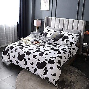 Erosebridal Kid Cartoon Bedding Set Cow Print Duvet Cover Black White Comforter Cover Milk Cow Animal Bedspreads Cover 2 Pcs Twin Size, Reversible Plaid Grid Toddler Teen Boys Girls Room Decor,