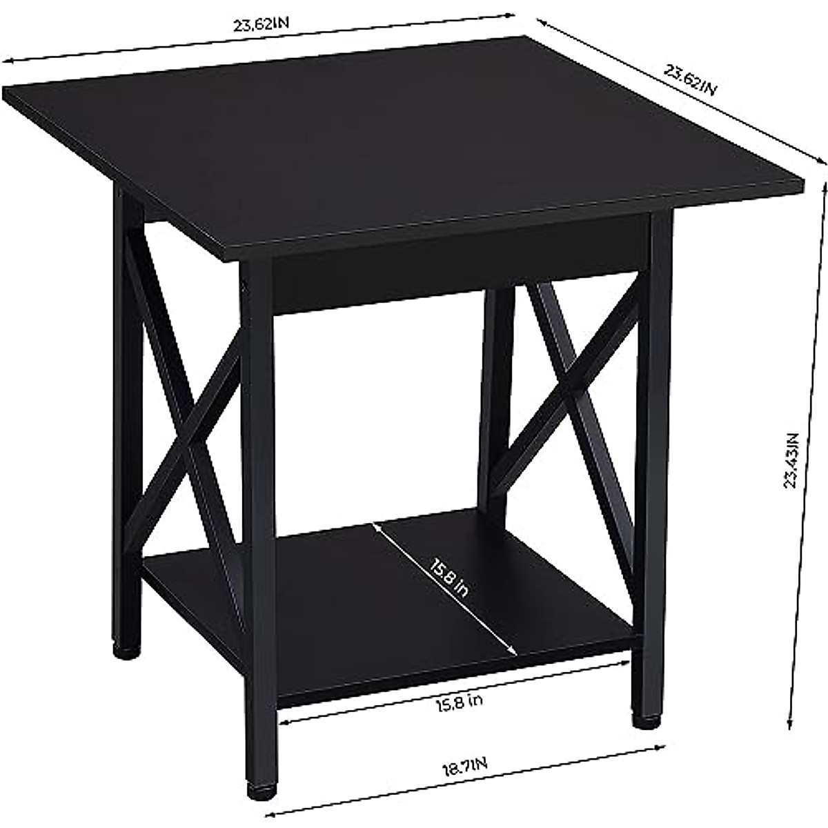 GreenForest End Table Large 24 inch Farmhouse Industrial Design Side Table Nightstand with Storage Shelf for Living Room, Easy Assembly, Black