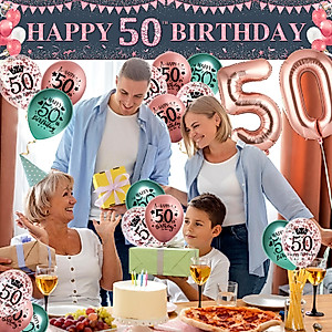 Rose Gold 50th Birthday Party Decorations for Women 50th Birthday Banner and 18pcs 50th Birthday Balloons for Women 50th Happy Birthday Banner for Anniversary Birthday Party Supply Garden Yard Decor