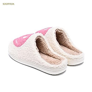 Cute Smile Face Slippers for Women and Men,Soft Plush Comfy Warm Couple Slip-On House Happy Face Slippers For Winter Indoor Outdoor Smile Slippers Non-slip Fuzzy Flat Slides White Pink 4041