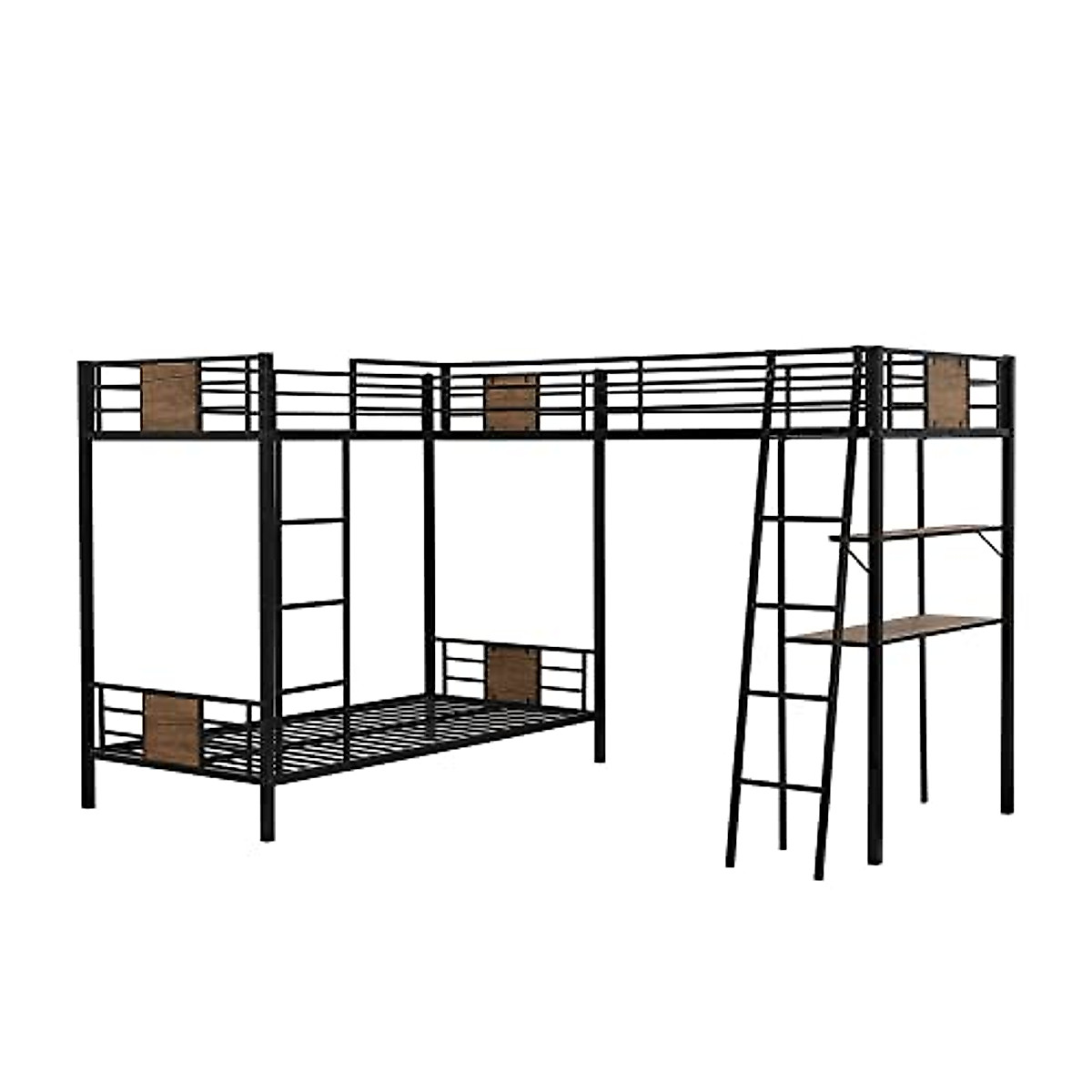 Cotoala Metal Triple Bunk Bed with Desk and Shelf, L-Shaped Bunkbed Attached Twin Size Loft Bedframe, for 3 Kids/Teens/Adults, Brown