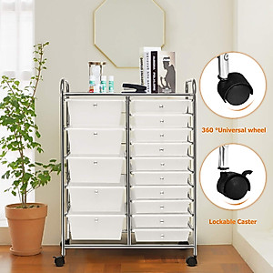 Byroce 15-Drawer Storage Rolling Cart, Mobile Classroom Craft Organizer for Art Supplies, Tools & Paper, Multipurpose Storage Cart on Wheels for School, Home Office (Clear)