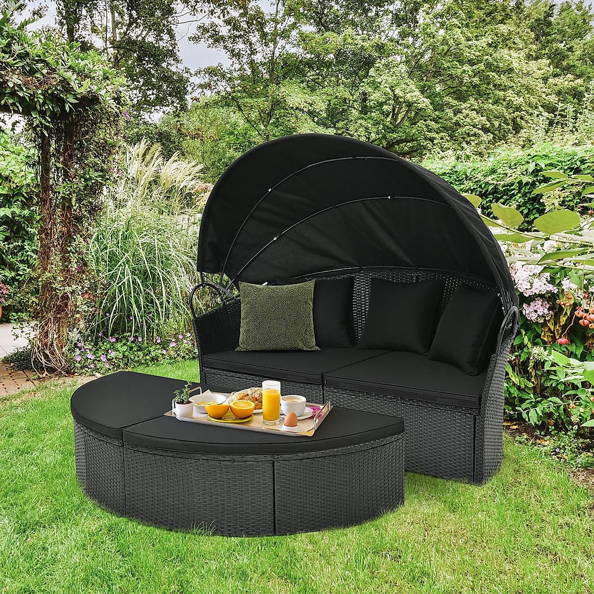 Tangkula Outdoor Patio Round Daybed with Retractable Canopy, Black Rattan Wicker Furniture Sectional Seating with Cushions and Throw Pillows, Seating Separates Cushioned Seats for Backyard (Black)