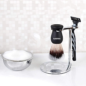 SANWA Deluxe Heavyweight Shaving Brush Razor Stand with Unbreakable Stainless Steel Shaving Bowl Set,Compatible with Gillette Fusion and Mach 3,Double Edge Safety Razor,Cartridge Razor