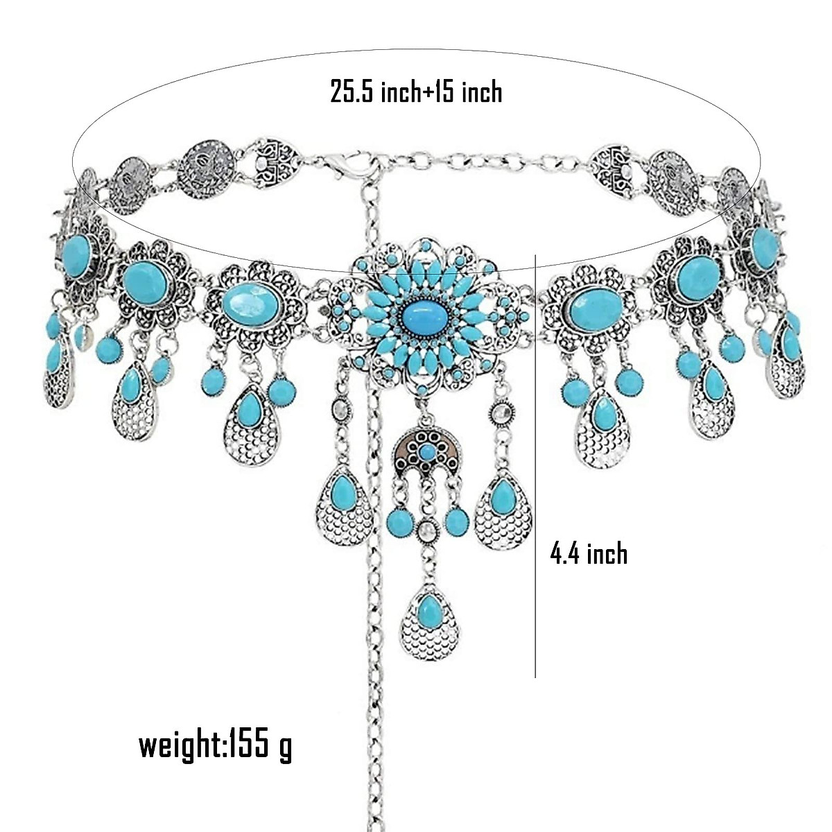 Vintage Flower Turquoise Chain Belts Silver Pear coin Pendant Metal Waist Belt Western Body Jewelry for for Women Dress Vest Jeans for Waistline 25-45inch (Silver Plated)
