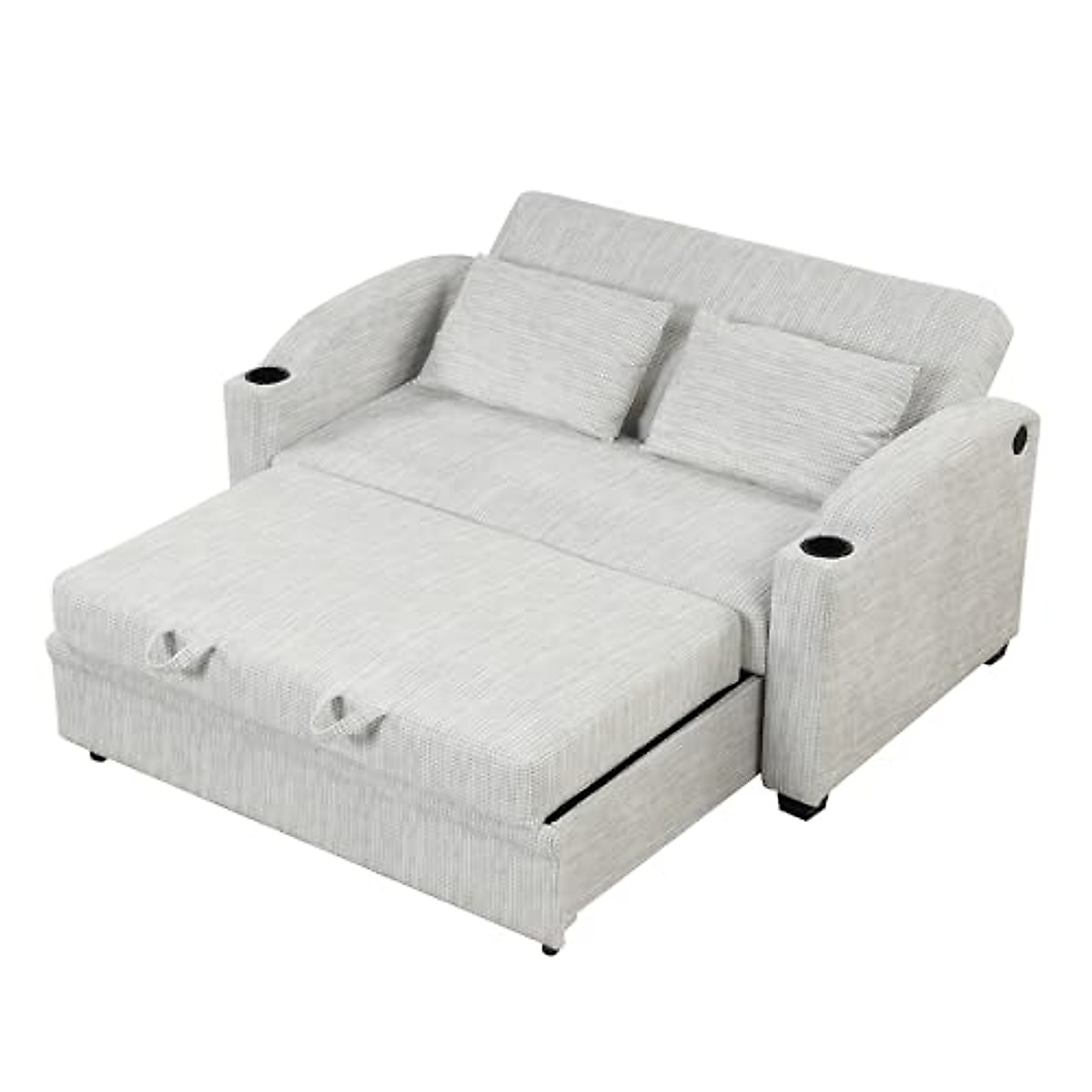 P PURLOVE Upholstered Modern Sofa Bed with Armrest, Convertible Sofa Couch with Adjustable Backrest, Sleeper Bed with 2 Pillows, USB Port, Chenille Pull Out Sofa Bed for Living Room (White Gray)