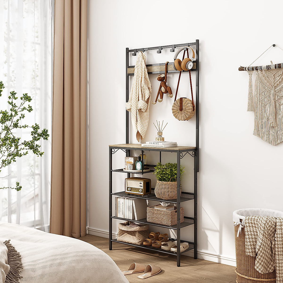 Hoctieon 5-Tier Hall Tree with Shoe Rack, Hall Trees for Entryway with Storage, Hall Tree with Bench and Shoe Storage, Mesh Slant, Greige