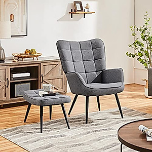 Yaheetech Accent Chair with Footrest, Armchair and Ottoman with High Back and Metal Legs Single Oversized Sofa Club Chair and Ottoman Set for Living Room Bedroom Office, Grey
