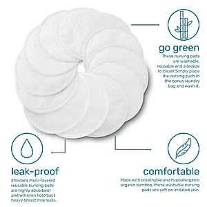 Enovoe Organic Bamboo Breastfeeding Pads (12 Pack) with Laundry Bag - Reusable Nipple Pads for Breastfeeding are Super Soft, Machine Washable and Hypoallergenic - Nursing Pads Disposable - White