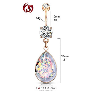 Forbidden Body Jewelry Surgical Steel CZ Dangle Belly Button Ring with Teardrop Rainbow Glitter Opalite, Rose Gold Tone