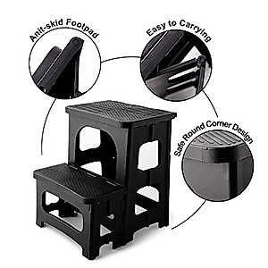 Topfun 8" 17" Folding 2-Step Stool, Non-Slip Fold Stools for Adults or Kids, Hold up to 300 lbs, Portable Footstool for Kitchen Home Toilet Bedroom Office RV