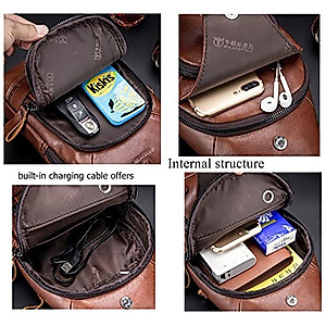 BULLCAPTAIN Genuine Leather Mens Sling Bag Multipurpose Travel Crossbody Chest Bag Daypacks with USB Charging Port (Brown)
