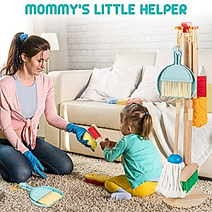 HELLOWOOD Kids Cleaning Set, 8pcs Housekeeping Play Set Includes Broom Mop Duster Dustpan Brushes Rag and Organizing Stand, Cleaning Toys Gift for Toddlers Girls Boys Age 3-6, Solid Beech Wood