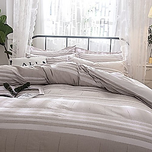 Merryfeel Cotton Duvet Cover Set,100% Cotton Seersucker Weave Duvet Cover Set,Yarn Dyed Textured Stripe Bedding Set,3 Pieces- Full/Queen Khaki