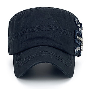 REDSHARKS Women Soft Washed Cotton Zip Cadet Army Cap Adjustable Military Hat Flat Top Baseball Sun Cap Zipper Stud Black