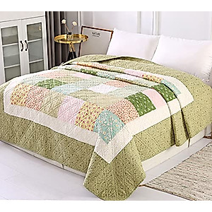 KINBEDY 100% Cotton Quilts Twin Size Green Floral Patchwork Bed Quilt Reversible Quilted Blankets Coverlets Bed Throws for Couch Sofa, 60"x80"