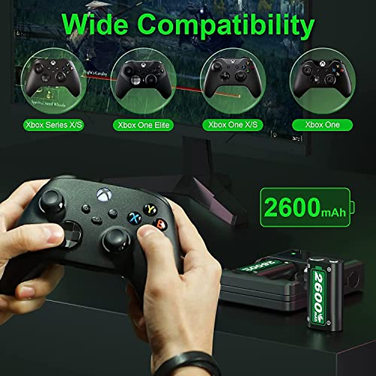 SWANPOW Fast Charging 2x2600mAh Controller Battery Pack with Charger Station for Xbox One/Xbox Series X/Xbox Series S/Xbox One X|S High Capacity Rechargeable Battery Pack for Xbox Accessories