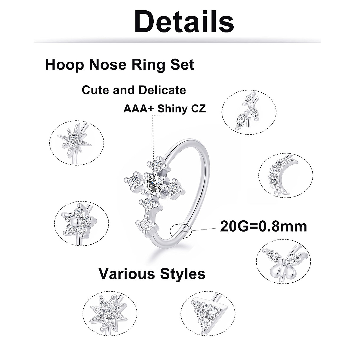 Tornito 8Pcs Nose Ring Hoop Paved Flower Butterfly Star Triangle Moon CZ Cartilage Earrings Nose Piercing Jewelry for Women Men Silver Rose Gold Tone 20G