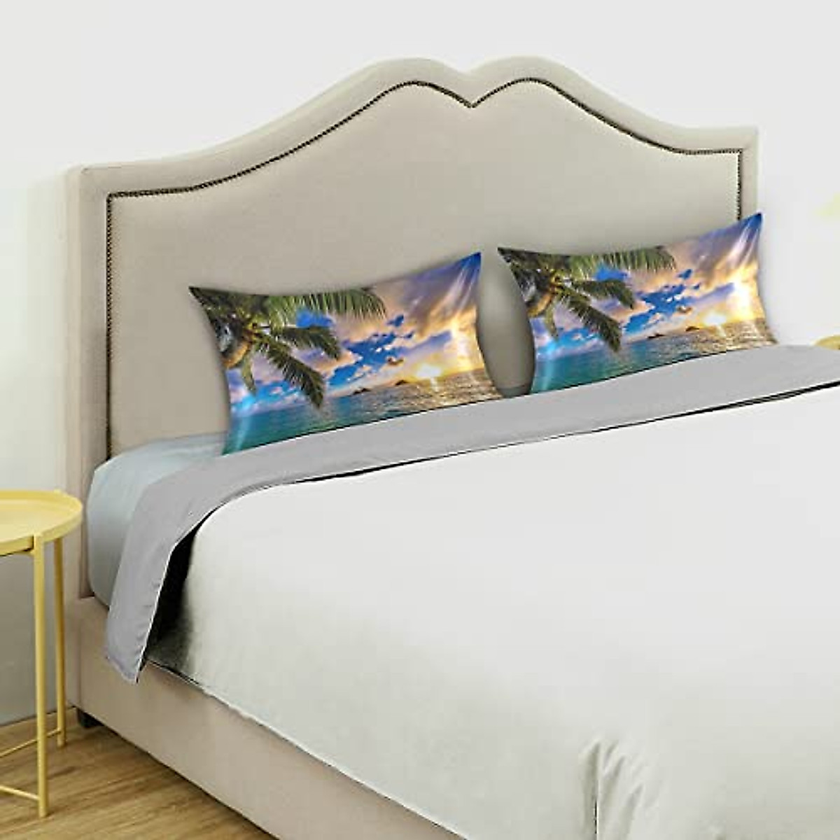 Tropical Beach Sea Sunrise Palm Tree Satin Pillowcase Silk Pillow Case for Hair and Skin Pillow Covers with Envelope Closure,Standard Size 20x26 Inch