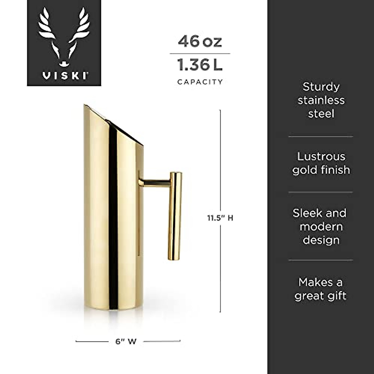 Viski Gold Modern Drink Carafe, Stainless Steel, 26 Ounces, Pitcher with Handle, Plated, Set of 1