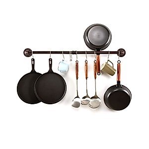 HOEMLIM Pipe Pot Pan Rack Wall Mounted Industrial Utensil Lid Holder Cookware Hanger Kitchen Organizer Hanging Bar Rail with S Hooks(36 inch,Red Bronze)
