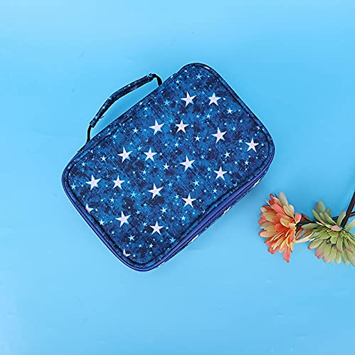 ZYHA Pencil Bag, Large Capacity Equipped with Handle, Colored Portable Pencil Box, 72 Slots Professionals for Art Supplies Sdudents Aesthetic School Supplies(Blue Five-Pointed Star), 72 Sticks
