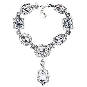 Secret for Longevity Extra Large Victorian Art Deco Antique Retro Vintage Style Silver Tone Clear Rhinestone Chunky Statement Wedding Bridal Prom Drag Queen Pageant Necklace