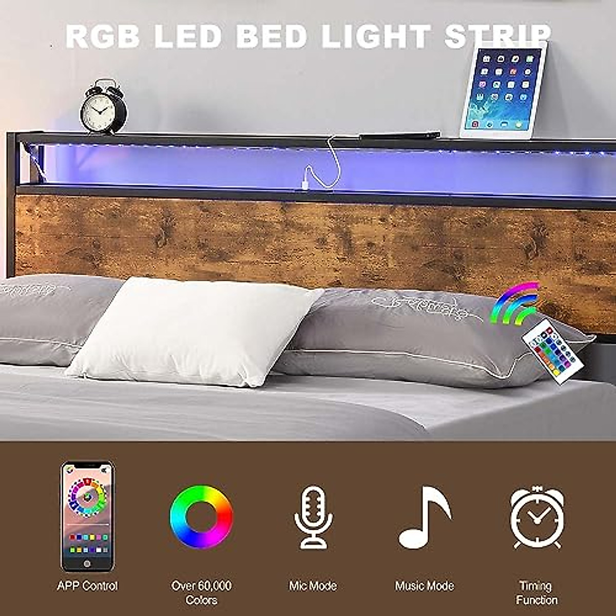Anwick Metal Full Bed Frame with Storage Headboard and 2 USB Ports,Industrial Bed Frame Full Size with LED Lights and Underneath Storage,Noise Free, No Box Spring Needed(Full)