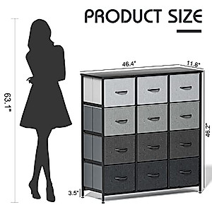 LLappuil Tall Dresser for Bedroom, 12 Drawers Dressers Chests of Drawers Tower, Fabric Dresser Storage Drawers for Clothes Organizers, Wide Large Dressers for Closet, Nursery, Gradient Grey
