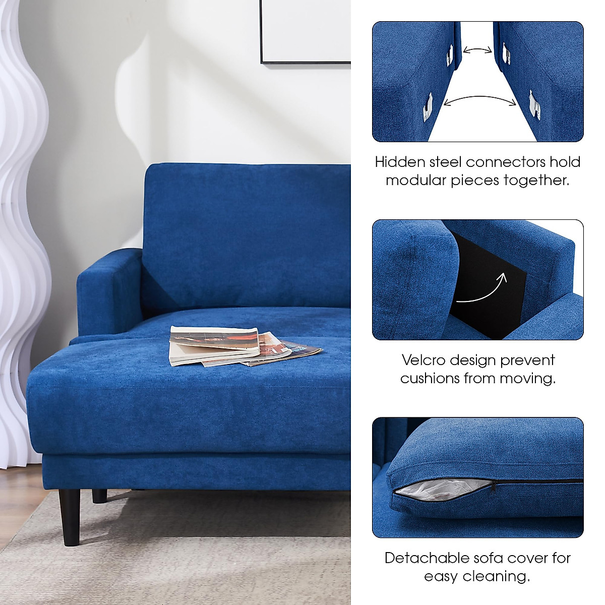 MCombo Convertible Sectional Sofa Couch Modern 3-Seat Couch for Living Room Mid Century Royal Blue Sofa for Bedroom L Shape Couch with Chaise for Bedroom Small Space Apartment 5130