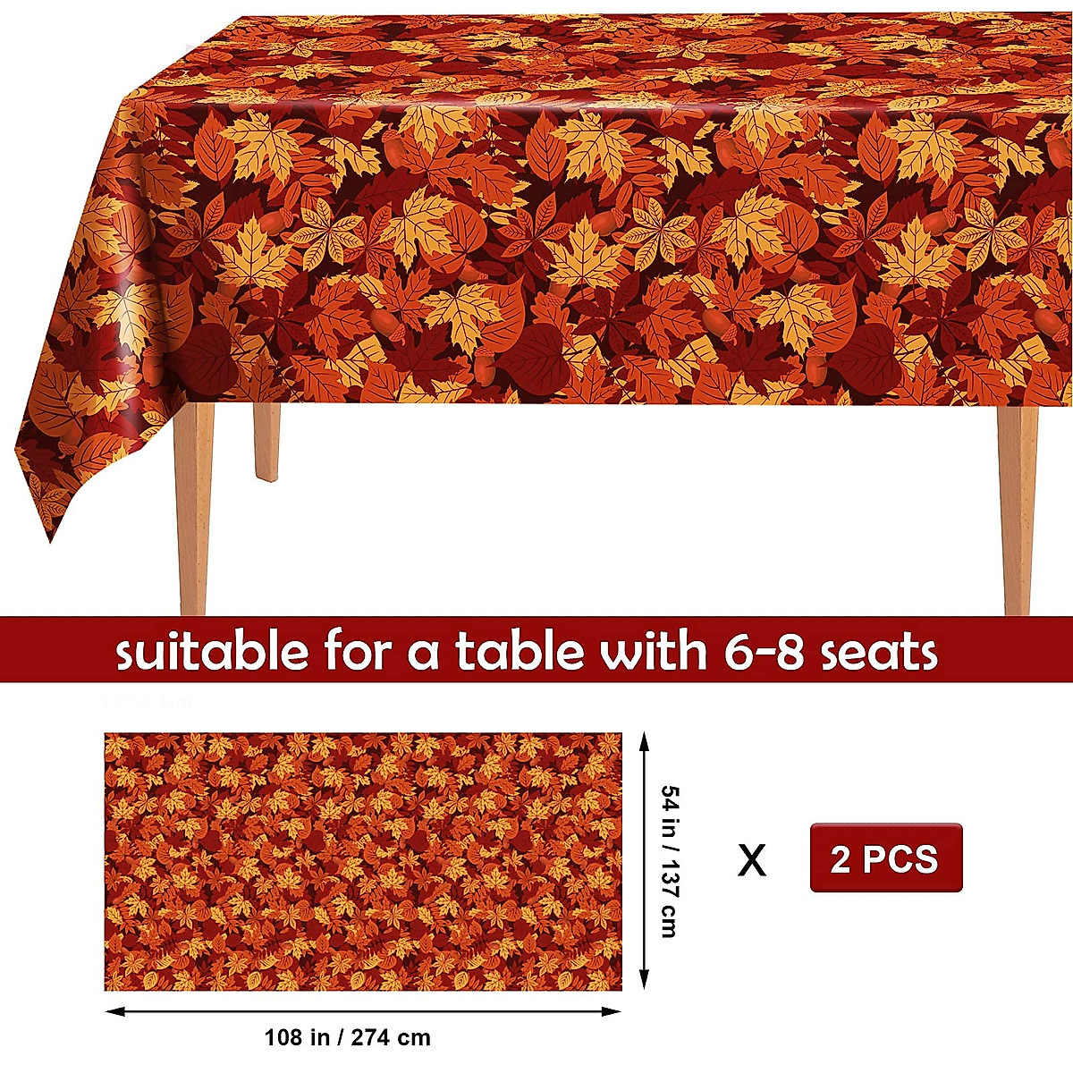 Ruisita 2 Pack Fall Leaf Tablecloth Table Cover Plastic Autumn Thanksgiving Tablecloth Maple Leaves Table Cloth Table Cover 108 x 54 Inches for Harvest Fall Thanksgiving Parties Decor