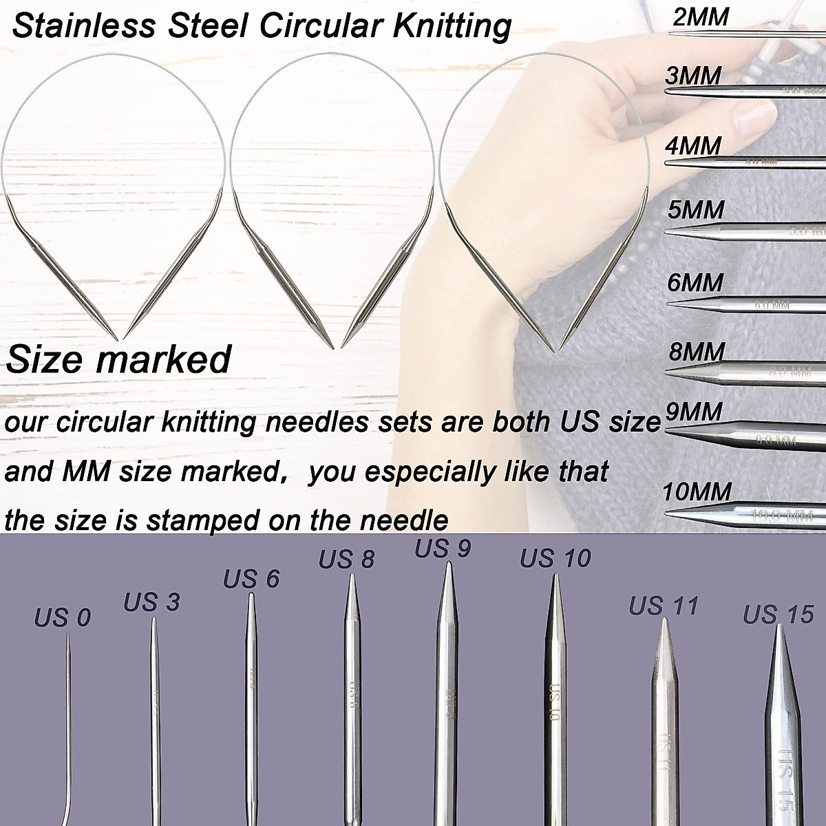 9 Pieces Size Marked US 0-15 Circular Knitting Needle Stainless Steel Knitting Needle Set for Beginner