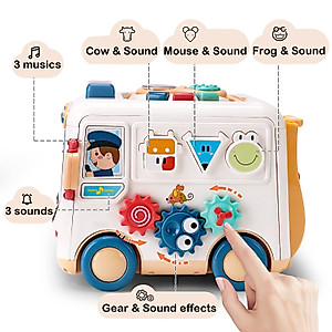 OWNONE 1 Baby Activity Cube Toy, Musical School Bus Toy for Toddlers 1-3, Learning Music Toy Birthday Gift for Baby Boys & Girls 1 2 3 Years Old