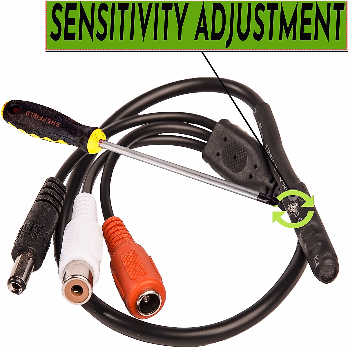 USA Sales Group Tiny RCA Outdoor Security CCTV Microphone for IP, NVR, TV, DVR Surveillance Cameras, Audio Mic Clear Sound with High Sensitive Adjustment Preamp Amplified Pickup Device Kit (1 Pack)