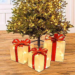 Twinkle Star Set of 3 Christmas Lighted Gift Boxes, Xmas Tree Skirt Ornament, Light Up Indoor Outdoor Pathway Present Box Holiday Party Yard Decorations
