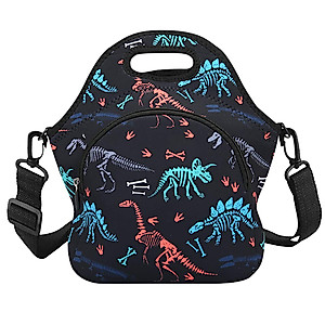 Violet Mist Neoprene Thermal Insulated Lunch Bag Tote Large with Extra Pocket Detachable Adjustable Shoulder Lunchbox Handbags Women men, Dinosaur-1