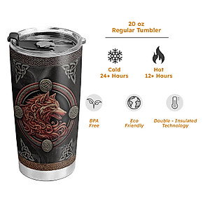 20oz Viking Celtic Fire Wolf Tumbler, Norse Mythology, Viking Gifts for Men, Coffee Thermos for Men, Stainless Steel Double Wall Vacuum Insulated Coffee Mug, Travel Cup with Lid