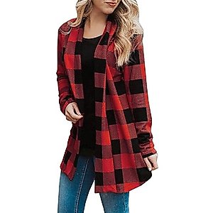 BAXLIMEK Cardigan For Women,2023 Fall Fashion Clothes Trendy Plaid Print Long Sleeve Shirts Outerwear,Dressy Casual Loose Open Front Lightweight Coats Plus Size Going Out Tops(B-Red,L)
