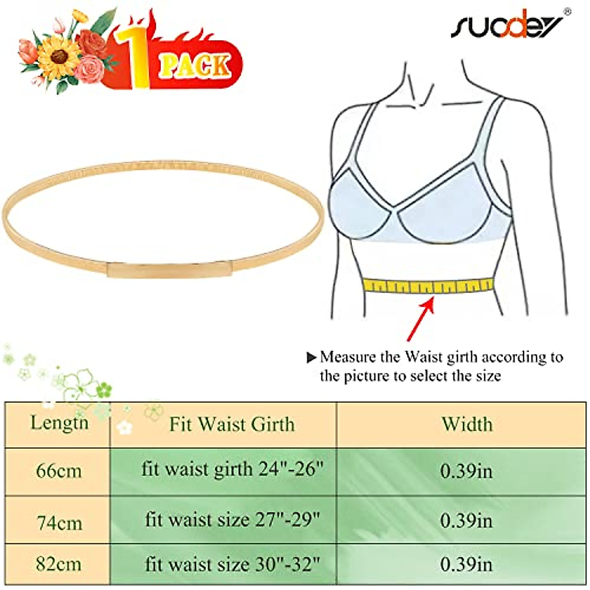 SUOSDEY 1 Piece Women Skinny Metal Belts, Gold Elastic Waist Belt for Dresses