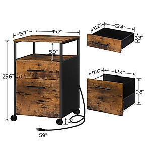 HOOBRO 2 Drawers File Cabinet, Filing Cabinet with Charging Station, Office Cabinet with Open Shelf, Wheels, Hanging File Folders, for A4, Letter Size, Home Office, Rustic Brown BF651WJ01