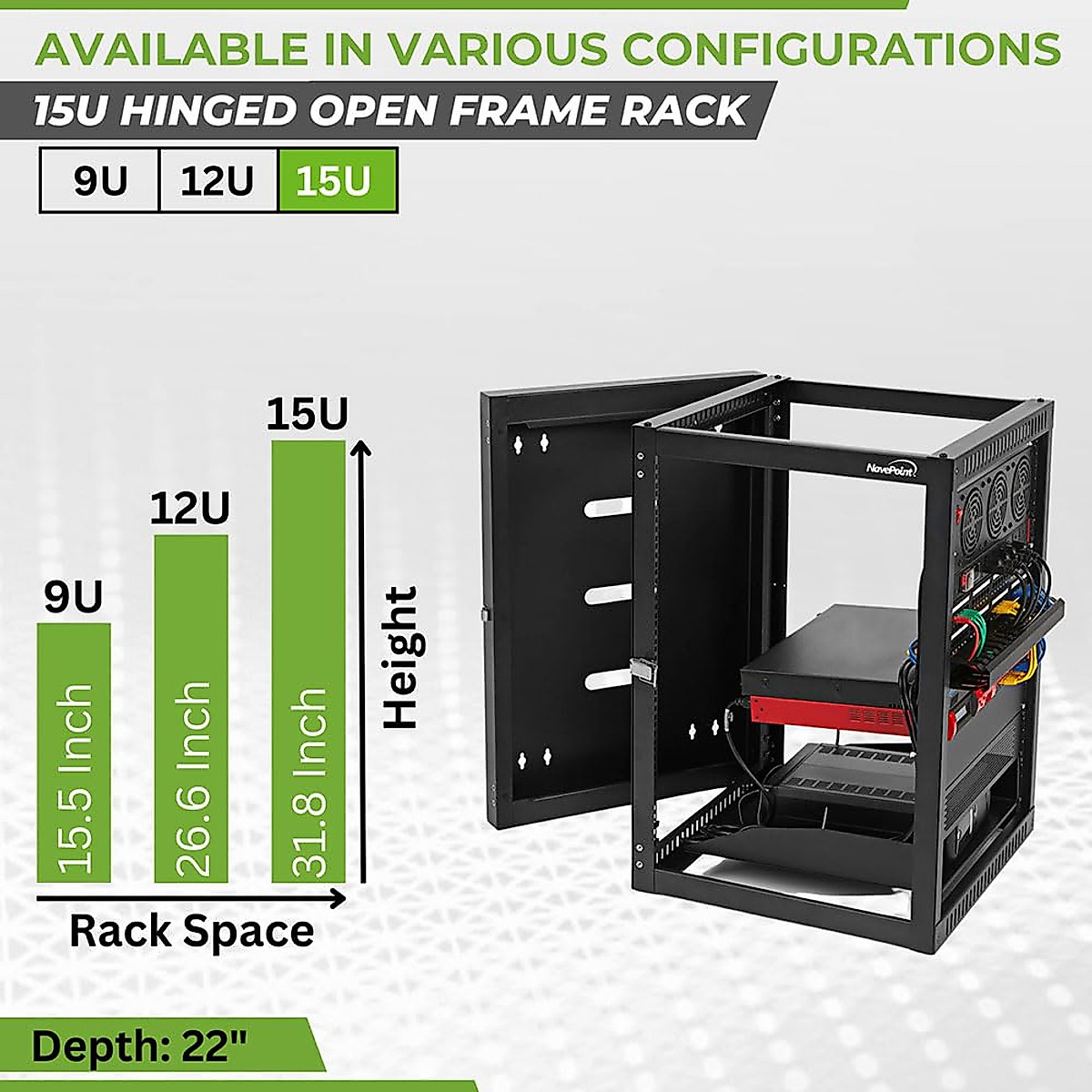NavePoint 15U Wall Mount Server Rack with Hinged Back, 4-Post 24” Deep, Rear Swing Frame 15U Network Rack Wall Mount for 19 Inch Equipment AV IT Easy Cable Management, Black