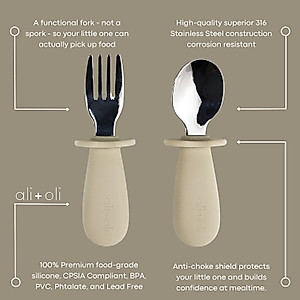 Ali+Oli Spoon & Fork Learning Set for Toddlers (Khaki) 6m+ Grab Easy BPA Free Food-Grade Silicone Handle, Kids Silverware Self Feeding Baby Utensils, Multi-stage Baby Feeding Set Ergonomic Design